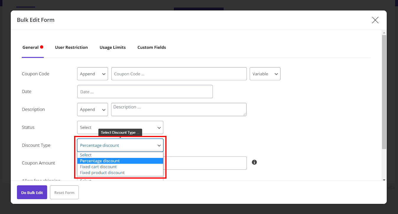How to change multi coupon discount type at the same time? - WooCommerce Bulk Coupons Editing