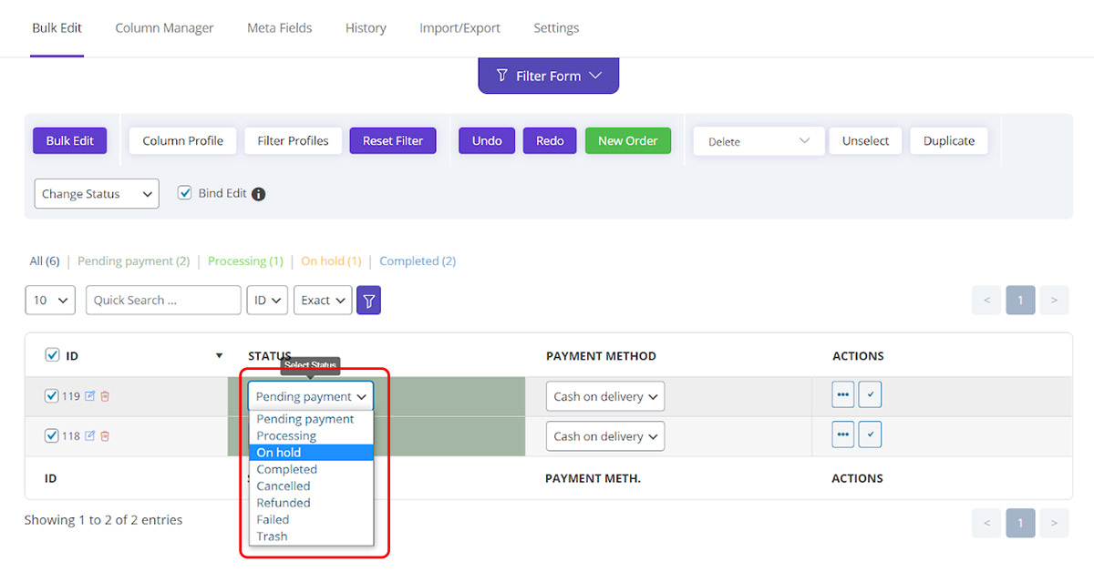 How to change multi-Order status at the same time? - WooCommerce Bulk Orders Editing