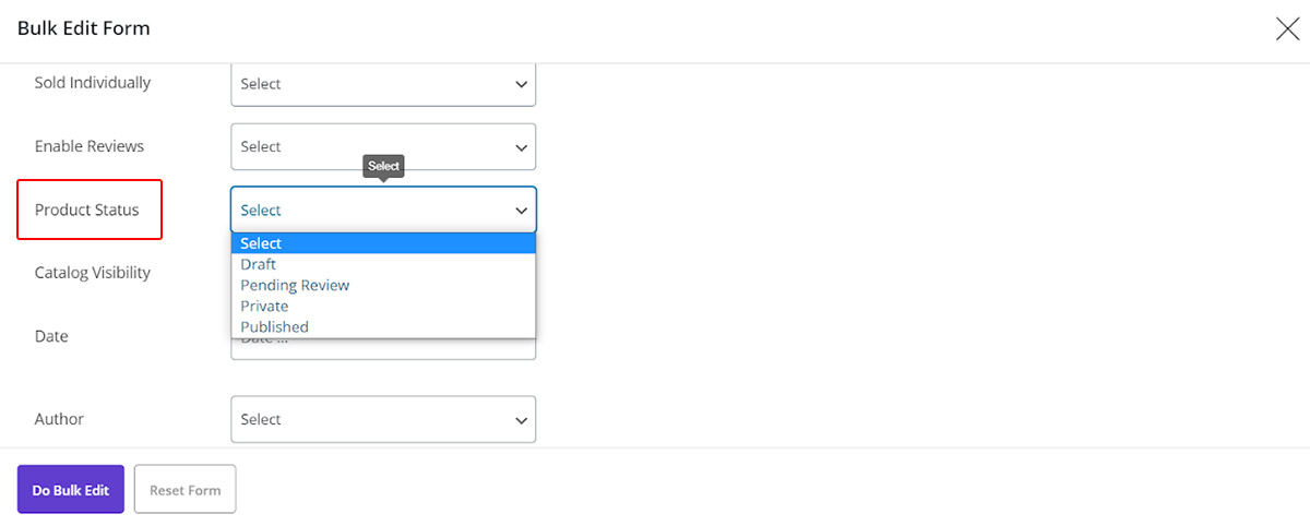 changing multi WooCommerce products status settings at the same time - WooCommerce Bulk Product ...