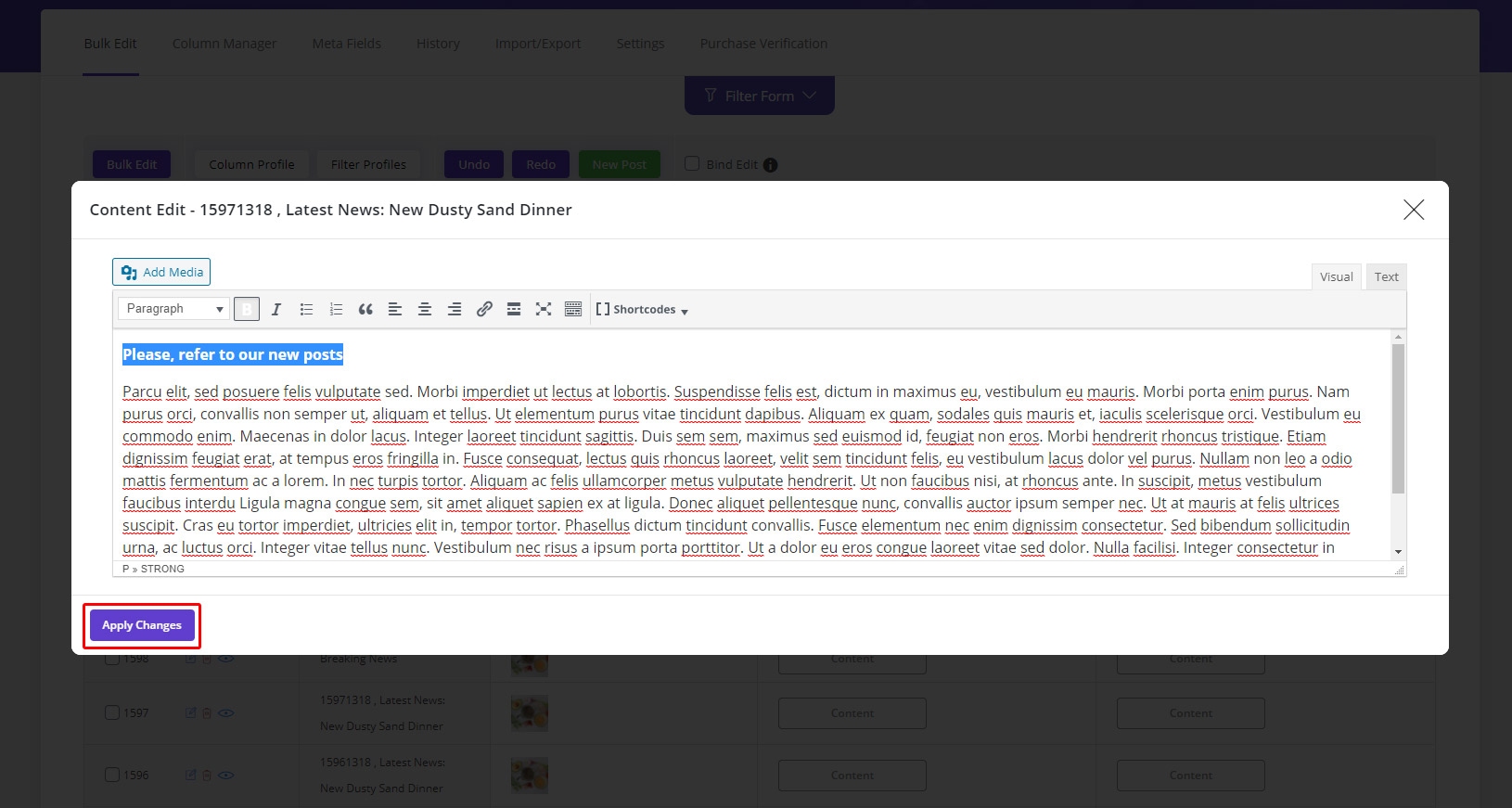 How to inline edit post full description / short description in WordPress bulk posts editing ...